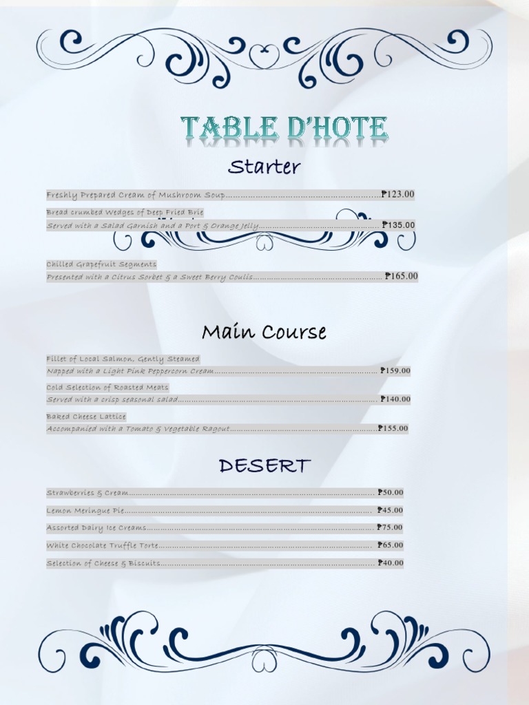 A Gourmet Menu with Starter, Main Course and Desert Options including ...
