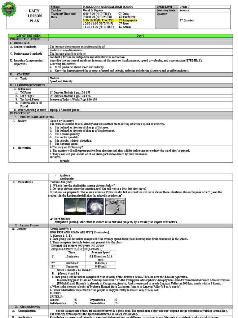 Speed and Velocity Lesson Plan for Grade 7 | PDF | Speed | Velocity