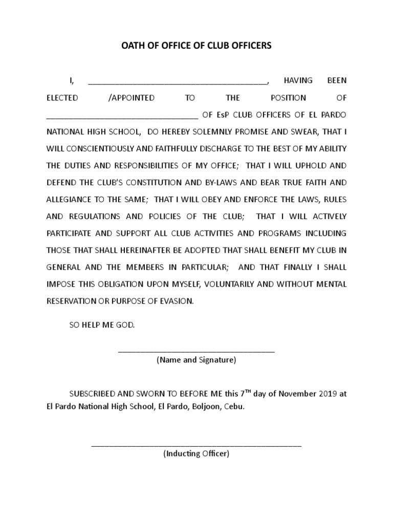 Oath of Office of Club Officers | PDF