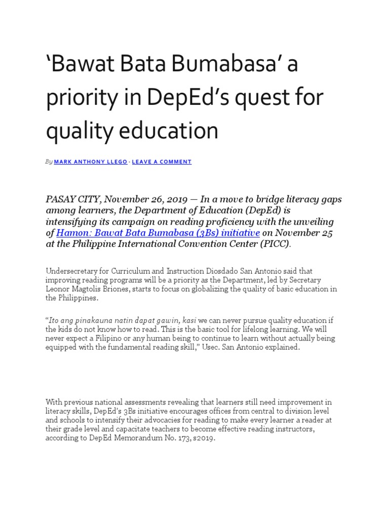 Intensifying Reading Proficiency: DepEd Launches 'Bawat Bata Bumabasa ...