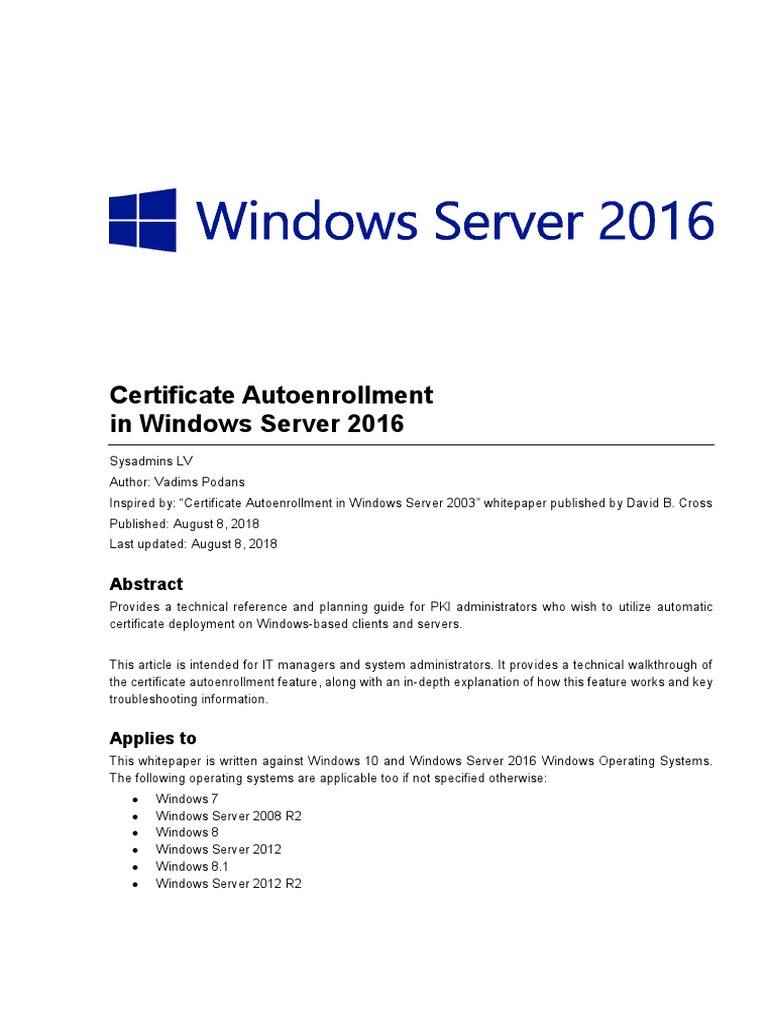 (Win2k16) Certificate Autoenrollment in Windows Server 2016 | PDF ...