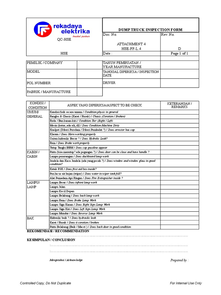Dump Truck Inspection Form Template | PDF | Wheeled Vehicles | Vehicle ...