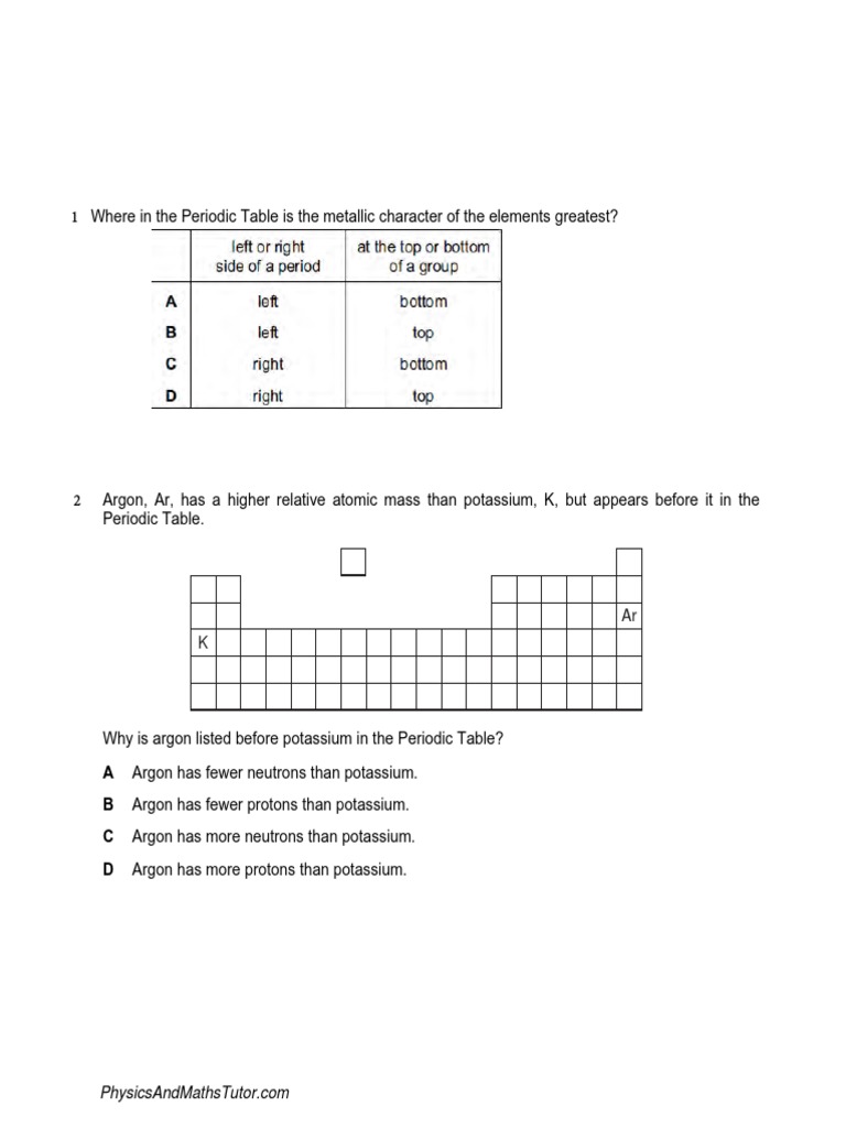Periodic Table MCQ | PDF | Periodic Table | Argon