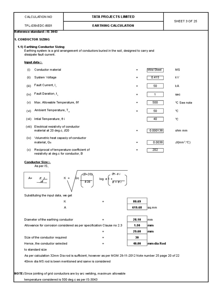Earthing Grid Calculations For Khondbond R3 For Approval | PDF ...