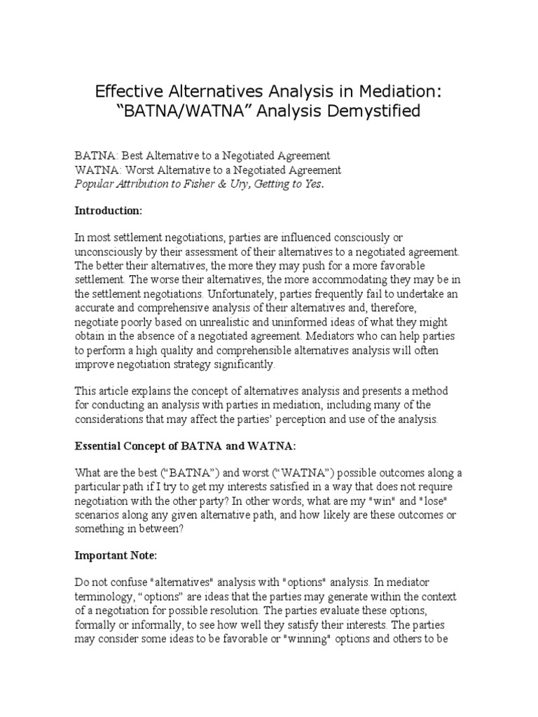 BATNA/WATNA Analysis in Mediation | PDF | Negotiation | Mediation
