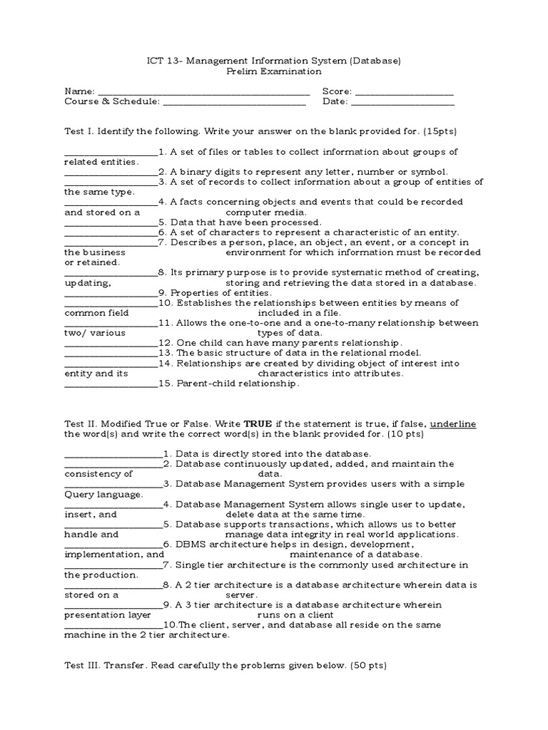 MIS Prelim Exam | PDF | Databases | Information Management