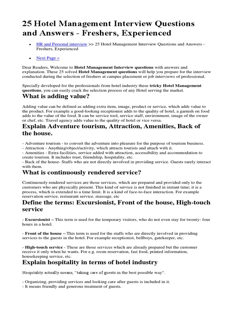 25 Hotel Management Interview Questions and Answers | PDF | Mass ...