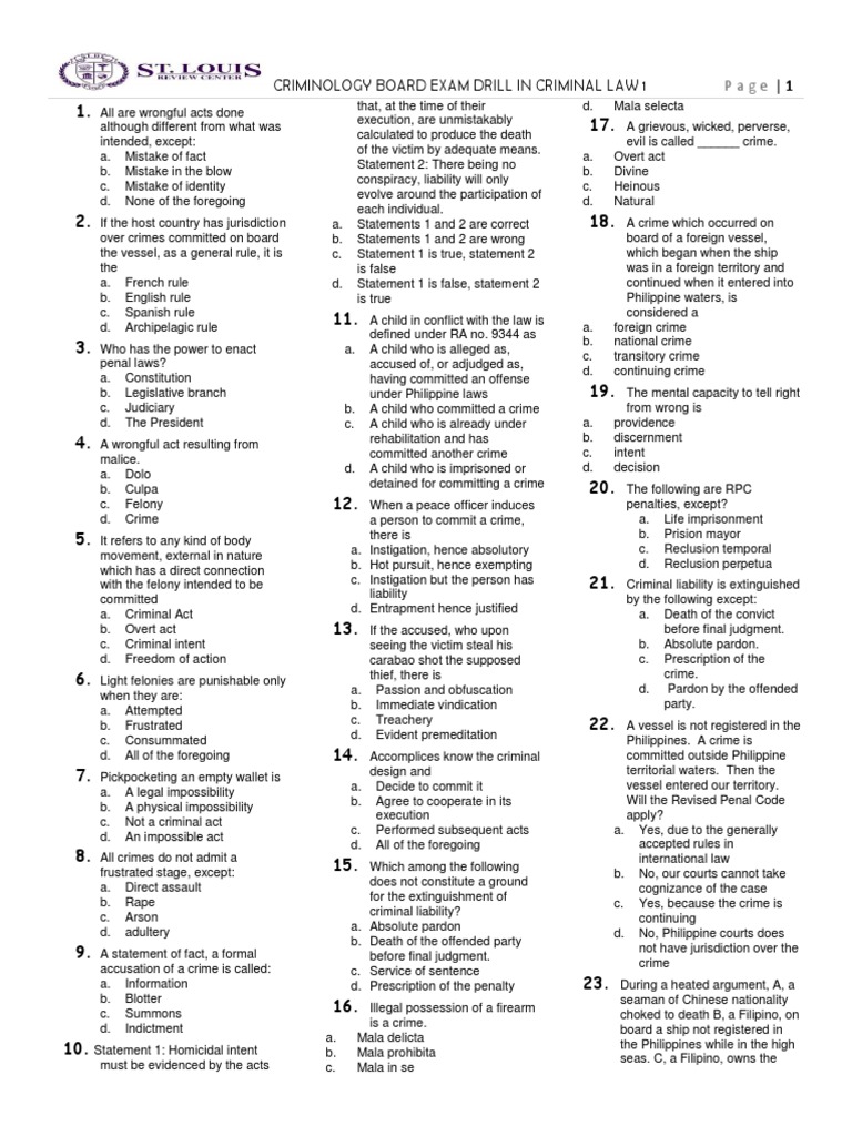 Criminal Law 1 Sample OBE Questions | PDF | Crime & Violence | Crime ...