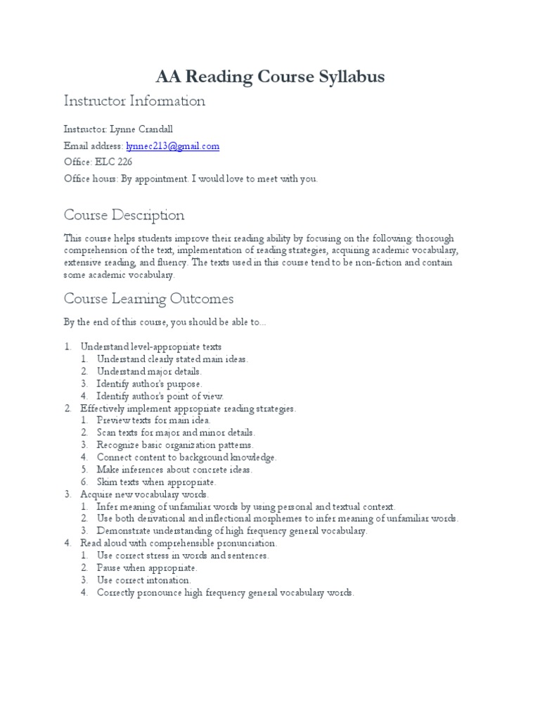 Course Syllabus Aa Reading | PDF | Homework | Reading Comprehension