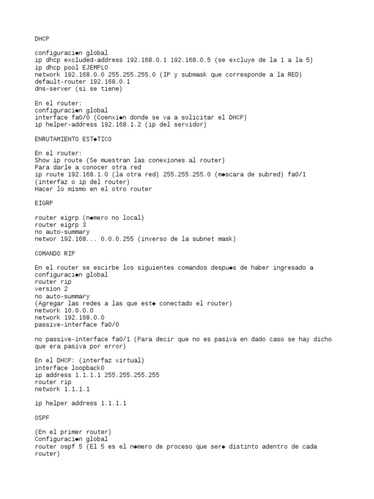 Comandos Packet Tracer CISCO | PDF | Dirección IP | Enrutador (Computación)