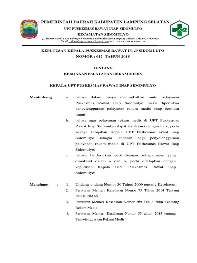 SK Kebijakan Pelayanan Rekam Medis | PDF