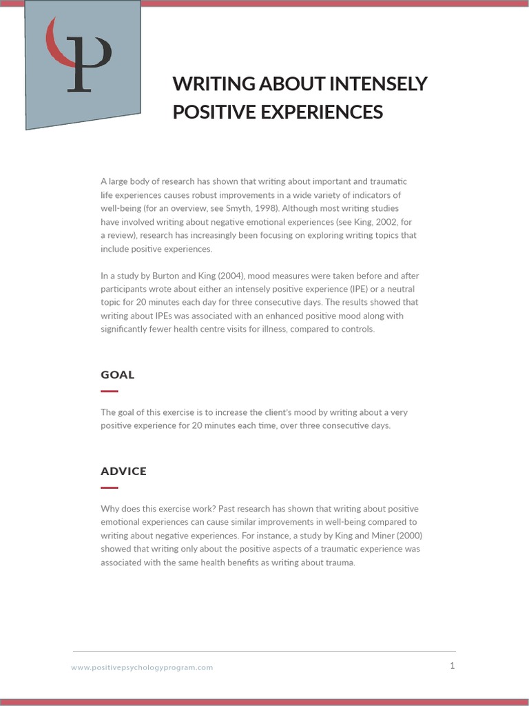 Writing About Intensely Positive Experiences | PDF | Mood (Psychology ...