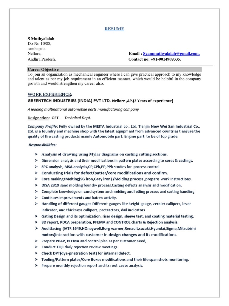 Resume | PDF | Foundry | Casting (Metalworking)