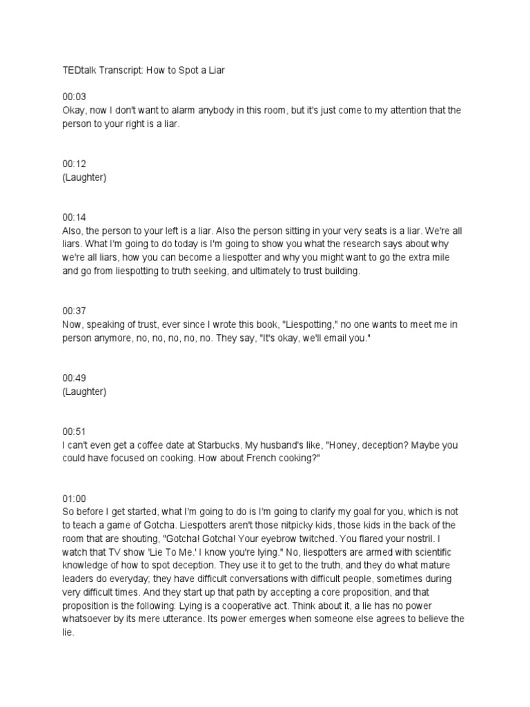 TEDtalk Transcript - How To Spot A Liar | PDF | Lie | Deception