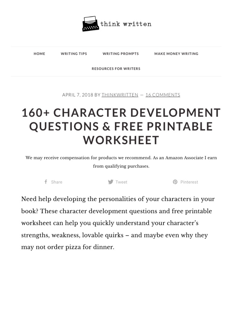 Character Development Questions & Free Printable Worksheets | PDF ...