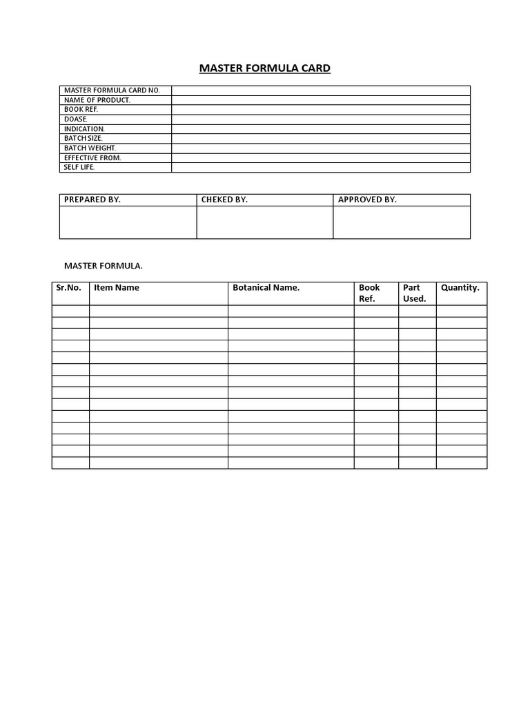 Master Formula Card | PDF | Tablet (Pharmacy) | Materials