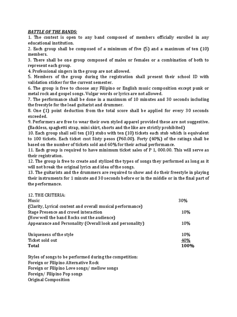 Battle of The Bands Guidelines | PDF | Performing Arts | Entertainment