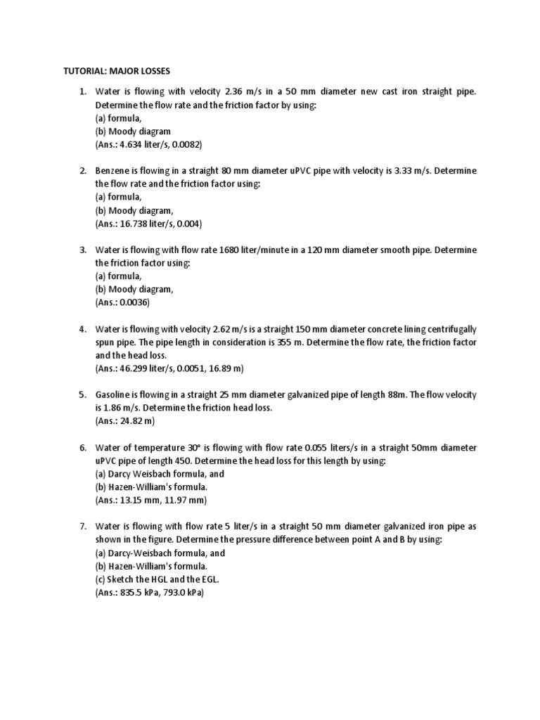 Tutorial1 Major Losses | PDF | Pipe (Fluid Conveyance) | Hydraulics