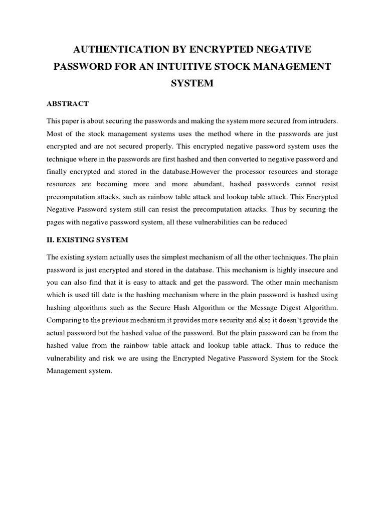 Authentication by Encrypted Negative Password For An Intuitive Stock Management System | PDF ...