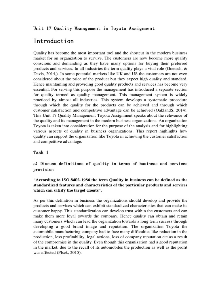 Unit 17 Quality Management in Toyota Assignment | PDF | Quality ...