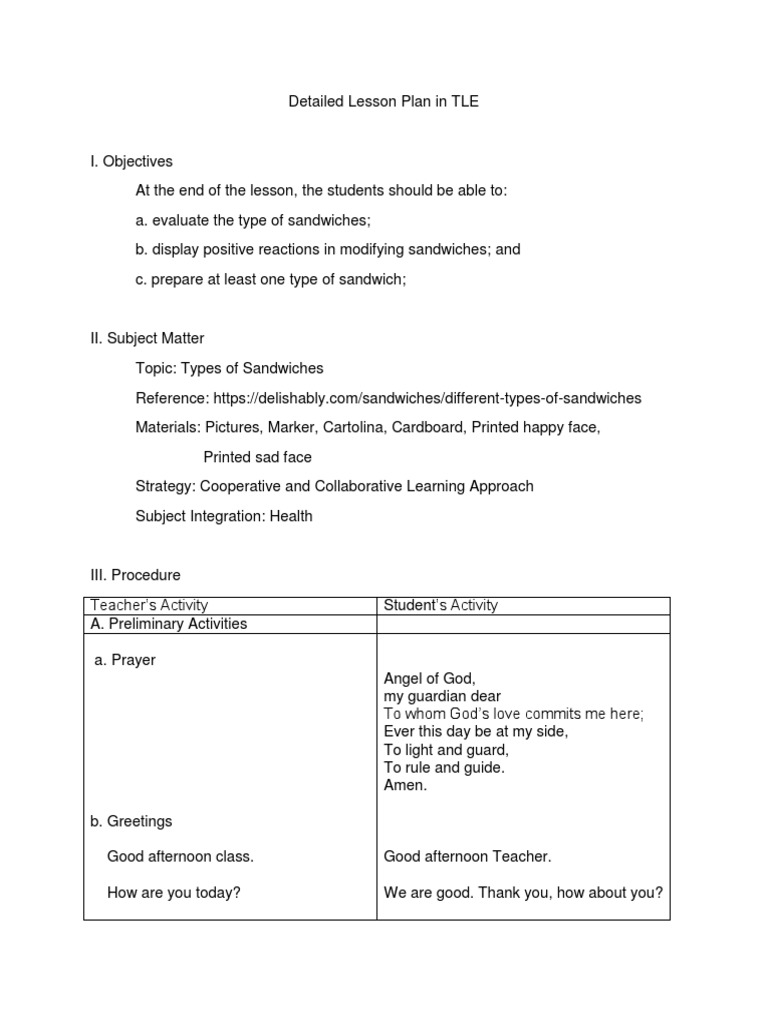 Detailed Lesson Plan on Types of Sandwiches | PDF | Sandwich | Lesson Plan