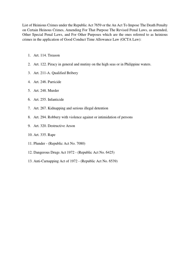 List of Heinious Crimes Under The Republic Act 7659 or The An Act To ...