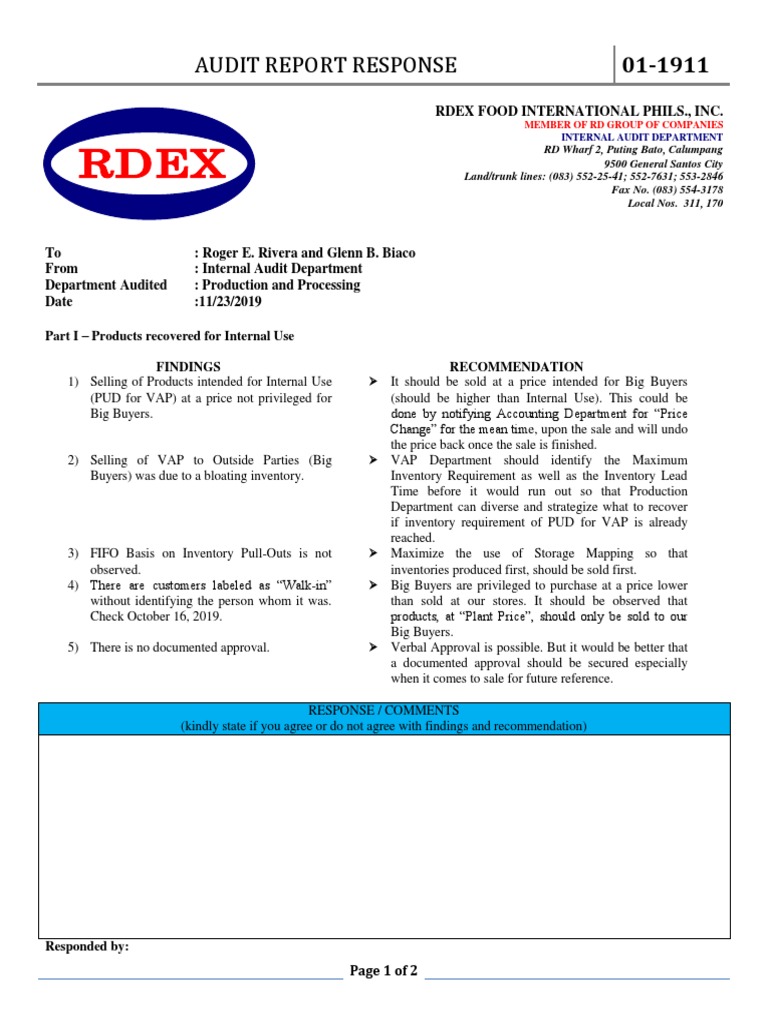 Audit Findings Response Format | PDF | Inventory | Business