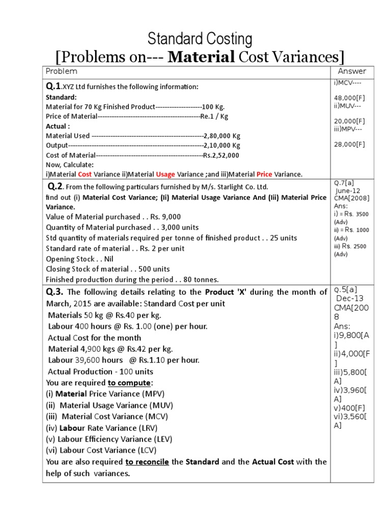 Material Cost Variance Problems Pdf Business Economies