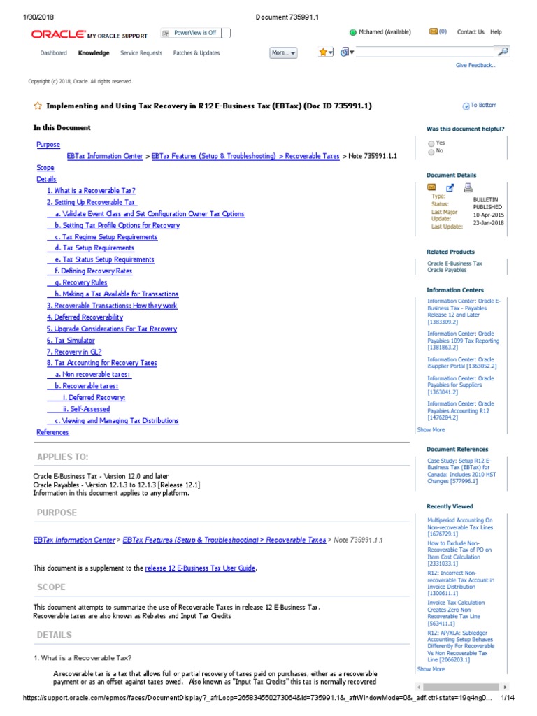 Implementing and Using Tax Recovery in R12 E-Business Tax (EBTax) PDF | PDF | Taxes | Payments