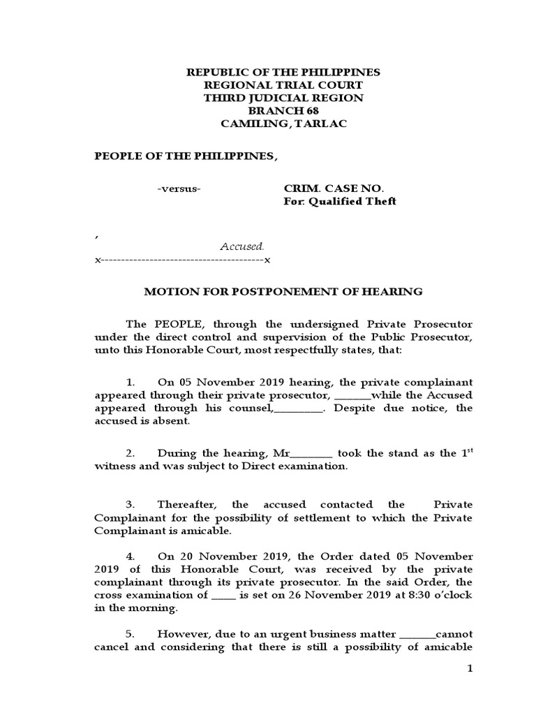 Motion For Postponement | PDF | Prejudice (Legal Term) | Prosecutor