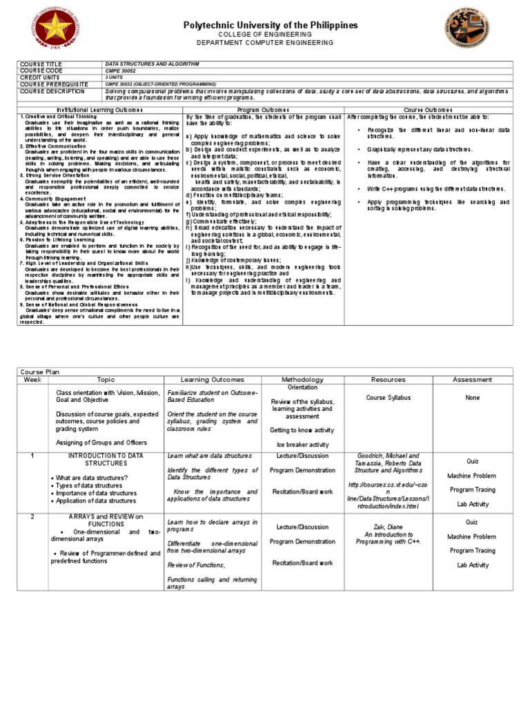 CMPE 30052 - Data Structures and Algorithm - PUP OBE Syllabus - For Revised Curriculum 2018 ...