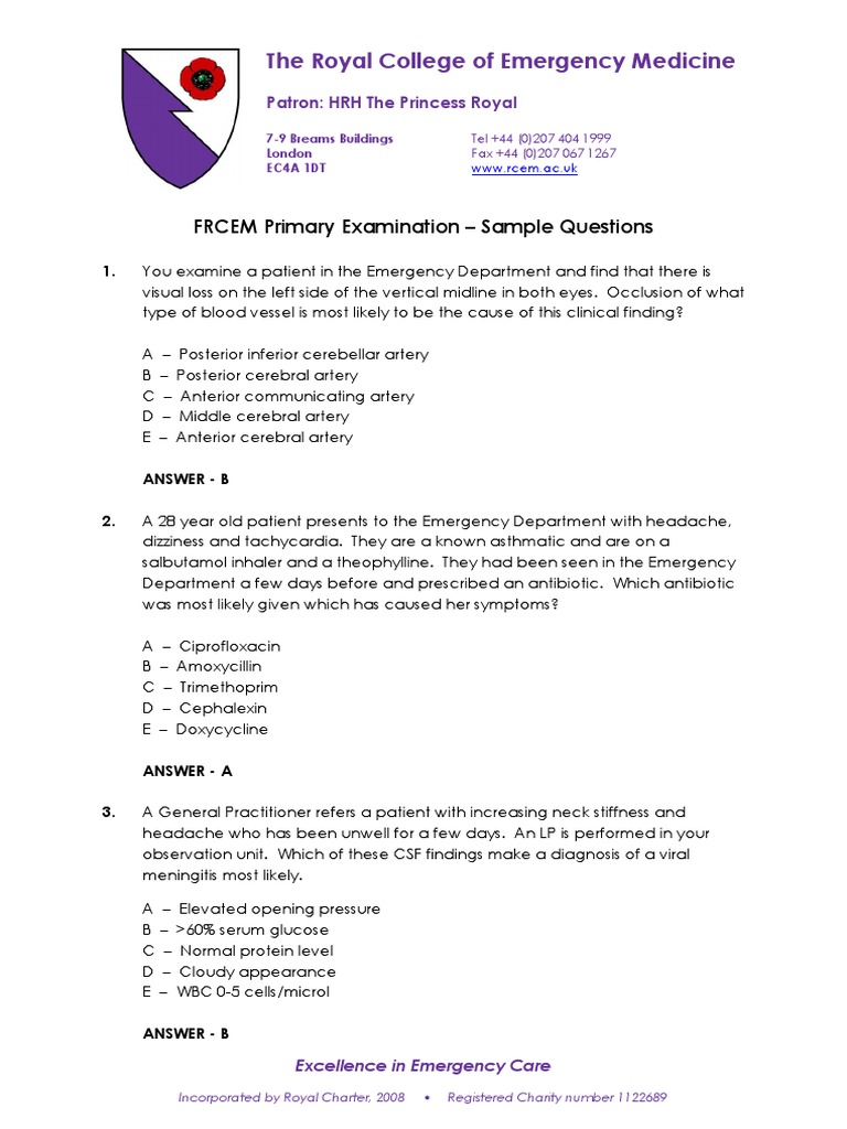 FRCEM Primary Exam Sample Questions | PDF | Shoulder | Arm