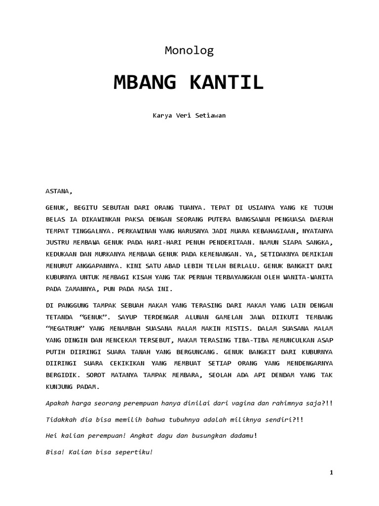 Naskah Monolog Mbang Kanthil by Veri Setiawan | PDF