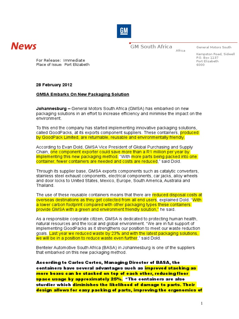 GMSA Press Release | PDF | General Motors | Vehicle Industry