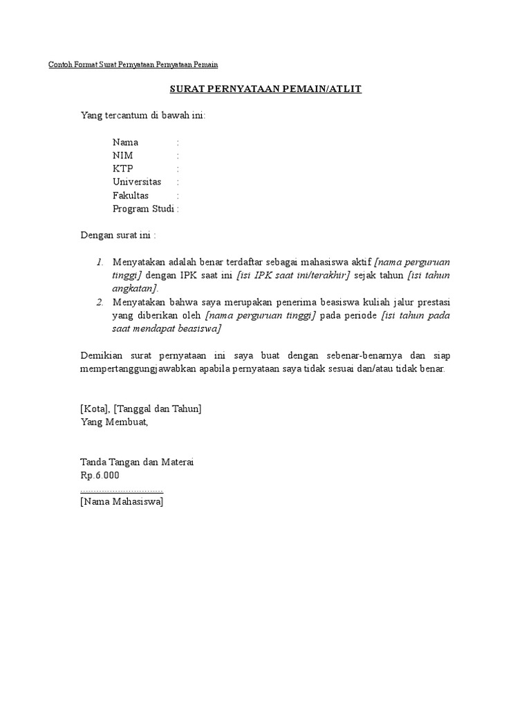 Format Surat Pernyataan Pemain/Atlit | PDF