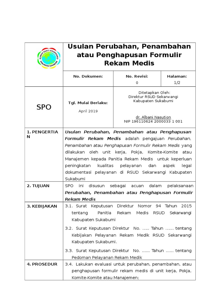 Draft SPO Usulan Penambahan, Perubahan Formulir Rekam Medis Yori | PDF ...