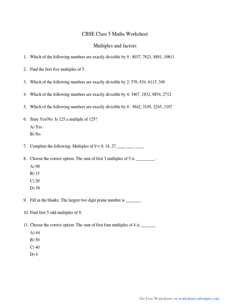 Multiples and Factors CBSE Class 5 Worksheet | PDF | Prime Number ...