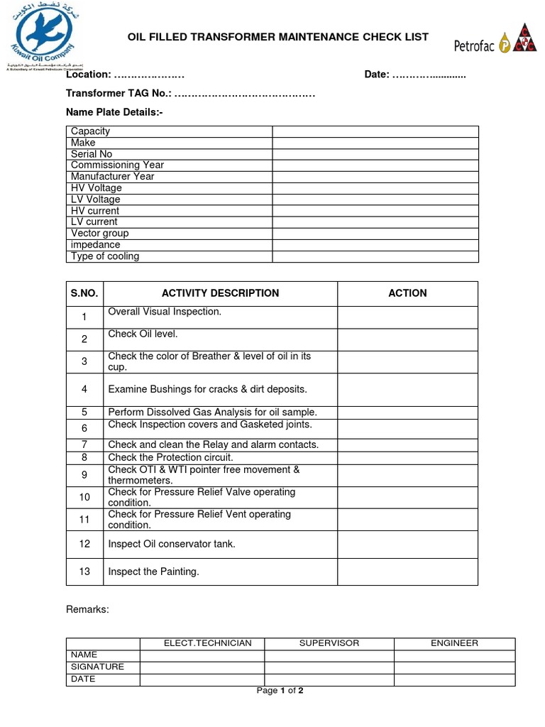 Maint - Check List - Oil Filled Transfors | PDF | Transformer ...