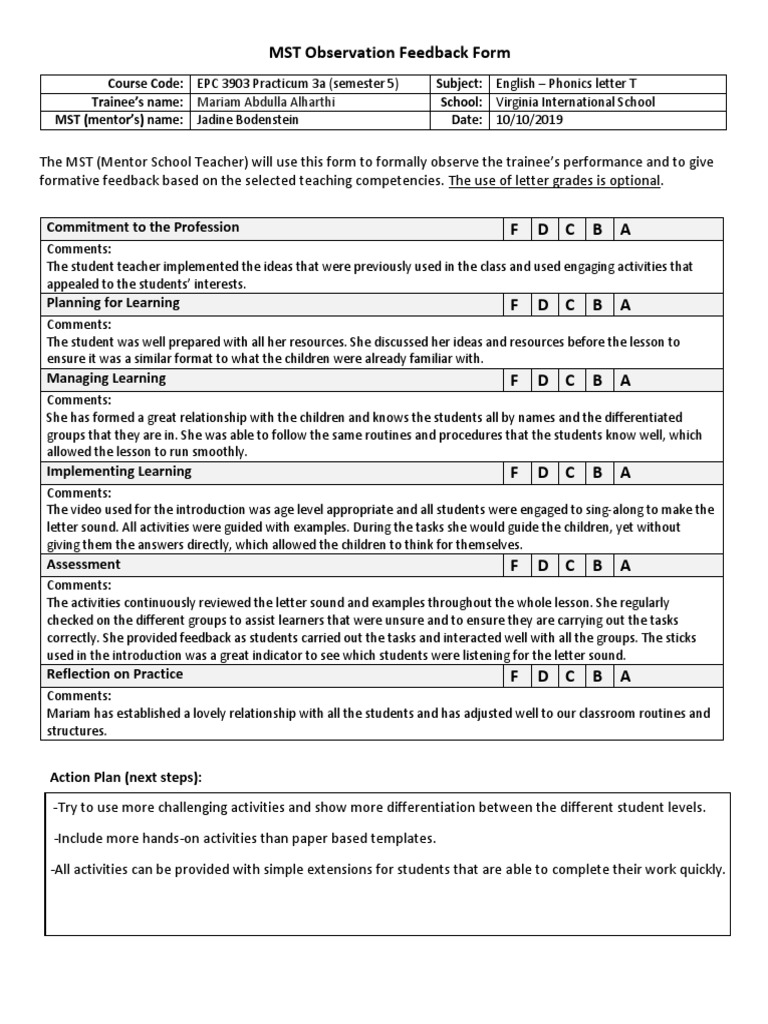Msts Feedback Form Letter T | PDF | Mentorship | Teachers