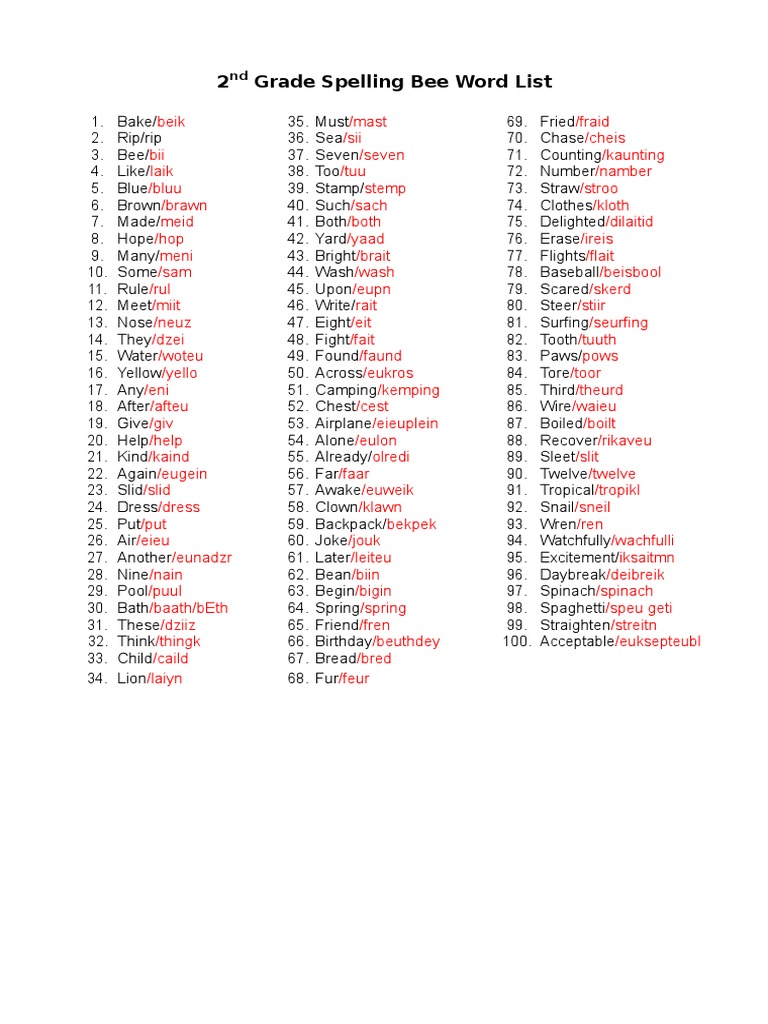 2nd Grade Spelling Bee List | PDF
