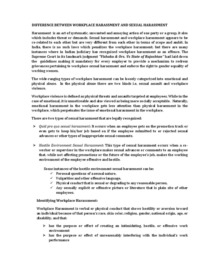 Defining Workplace Harassment and Sexual Harassment: Distinguishing ...