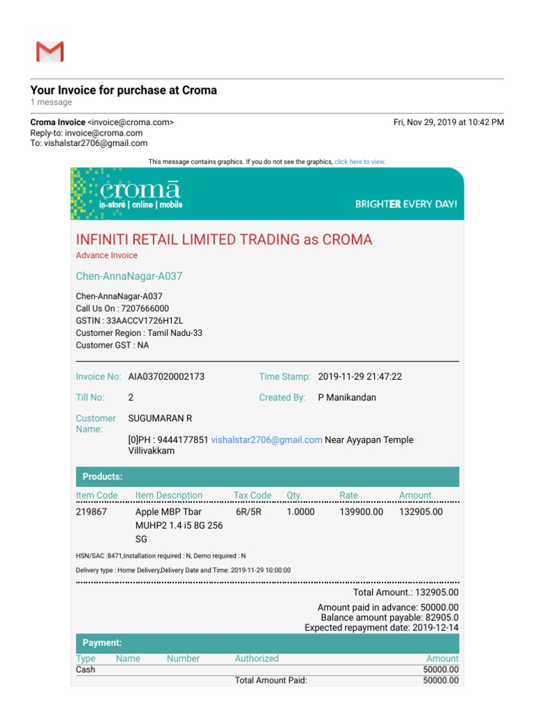 Gmail - Your Invoice For Purchase at Croma PDF | PDF | Invoice | Services (Economics)