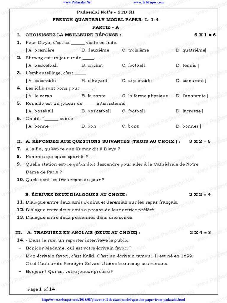11th French Quarterly Exam Model Question Paper 2018 French Medium PDF ...