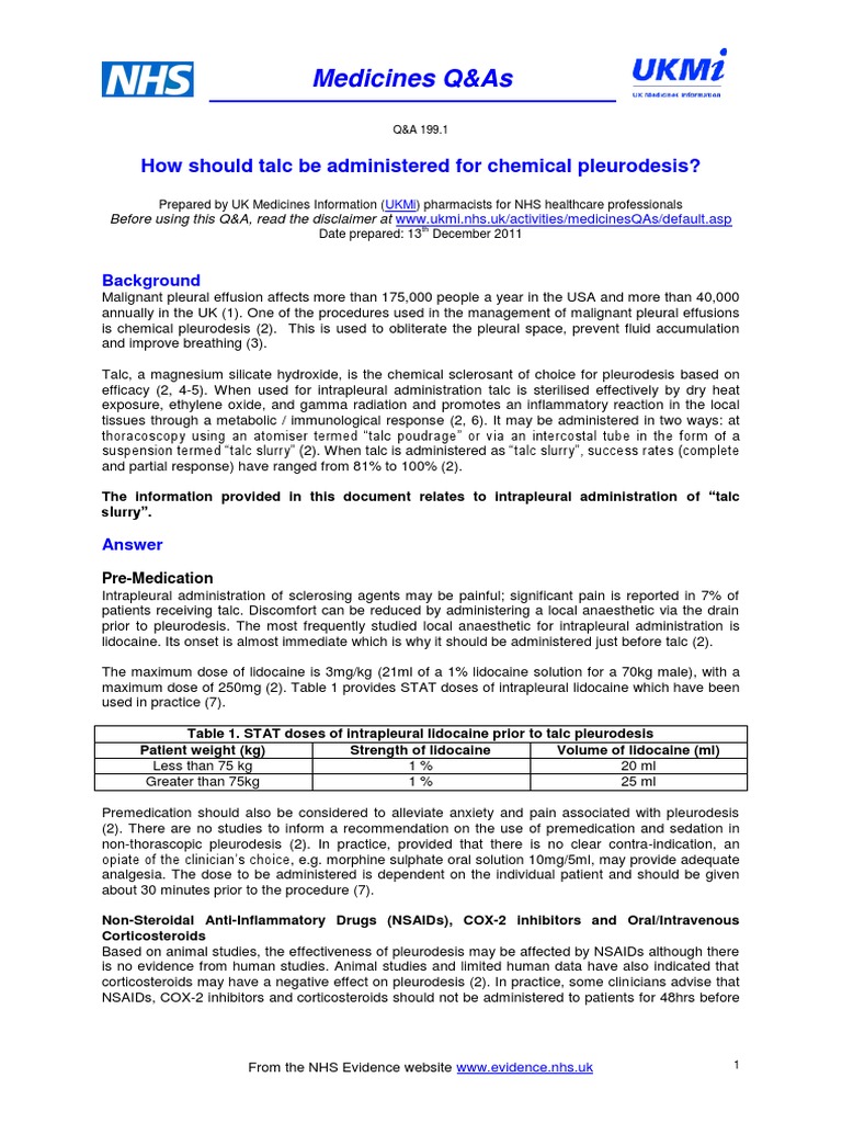 Talc Chemical Pleurodesis | PDF | Analgesic | Nonsteroidal Anti ...