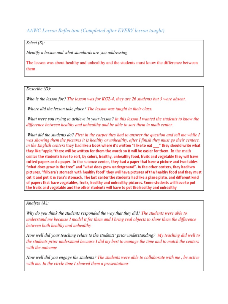 Healthy and Unhealthy Reflection | PDF | Understanding | Lesson Plan