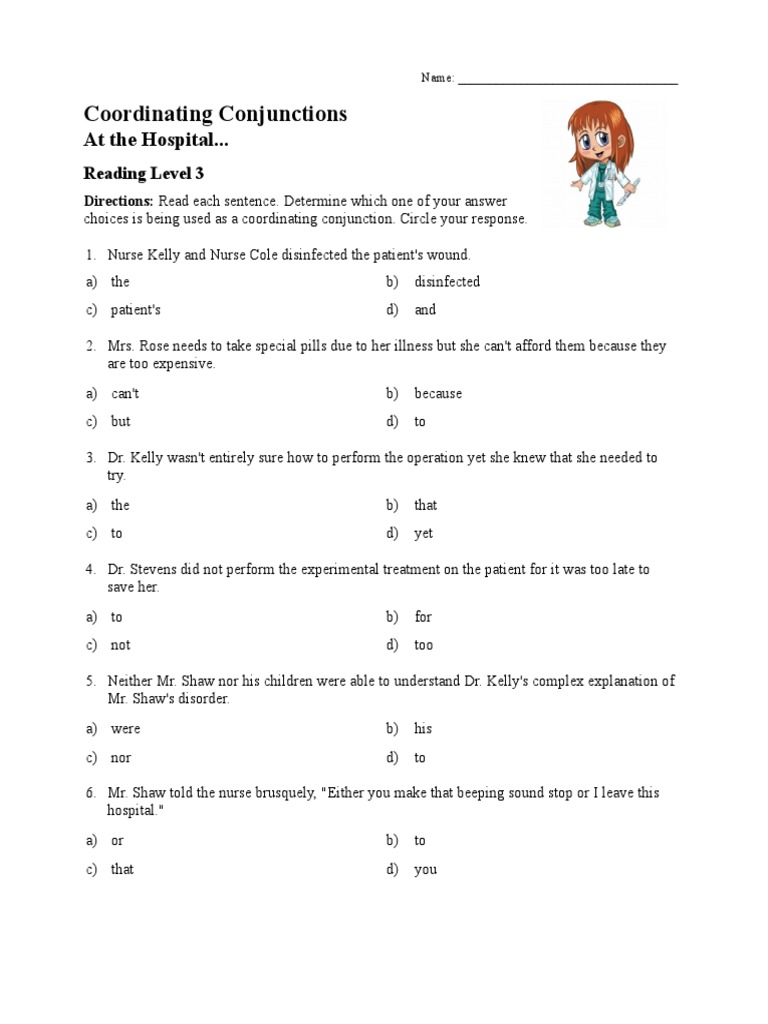 Coordinating Conjunctions Worksheet Reading Level 03 | PDF | Surgery ...
