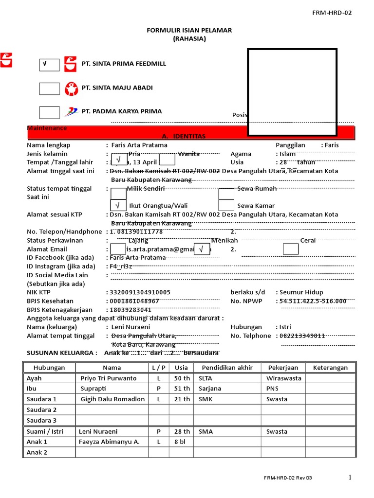FRM HRD 02 Formulir Isian Pelamar | PDF