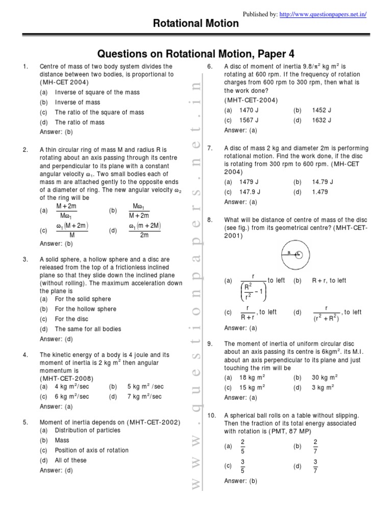 Rotational Motion Paper-4 PDF | PDF | Rotation Around A Fixed Axis ...