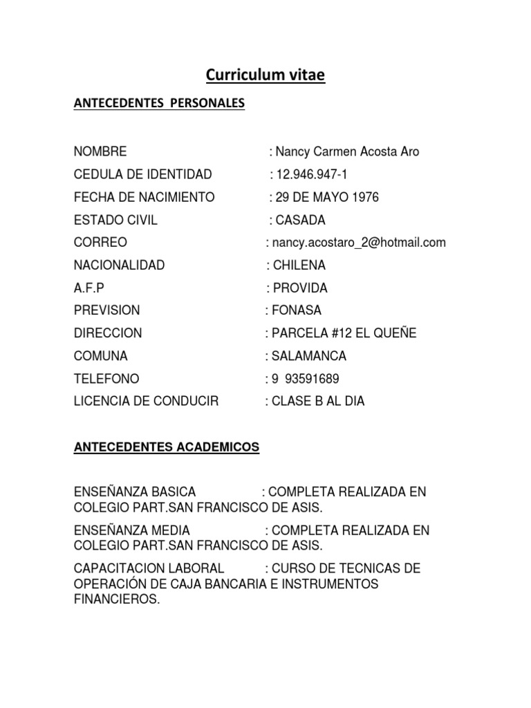Curriculum Vitae de Nancy Acosta Aro | PDF