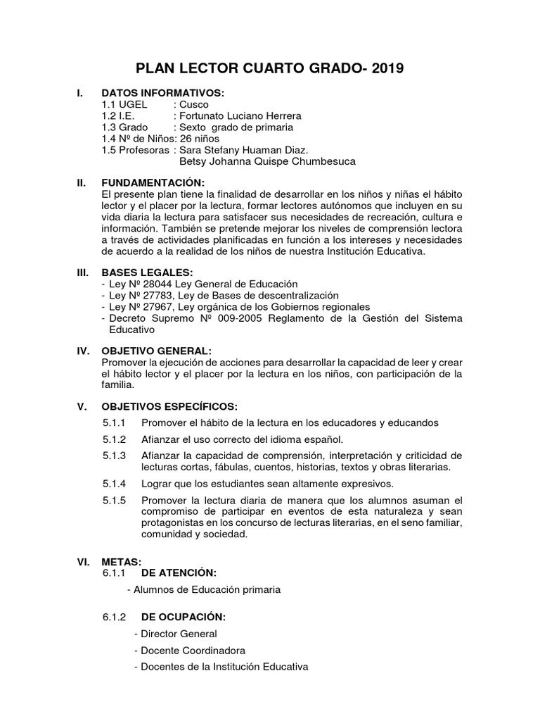 Plan Lector 4° | PDF | Comprensión lectora | Educación primaria